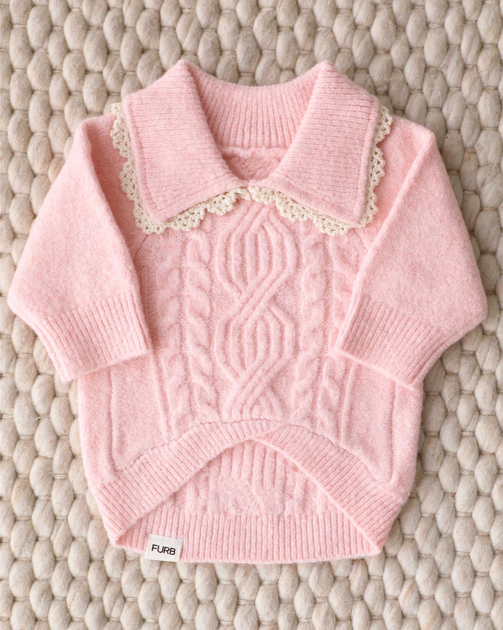Pink Cable Knit Dog Sweater, with Lace Peter Pan Collar – FURB